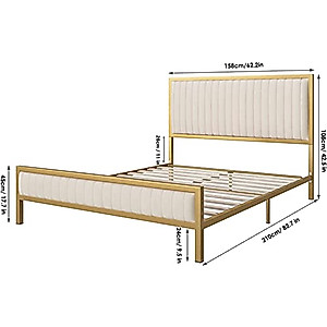 HIFIT Queen Size Bed Frame, Queen Bed Frame with Headboard, Heavy Duty Metal Foundation, Upholstered Bed Frame with Velvet Tufted Headboard, Wood Slat Support, No Box Spring Needed, Gold & Ivory White