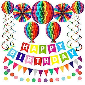 Anwyll Rainbow Birthday Party Decorations Kit for Kids Children Girls Boys,Colorful Birthday Party Decorations Set,Happy Birthday Decor Banner,Reusable Honeycomb Birthday Party Supplies for Women Men