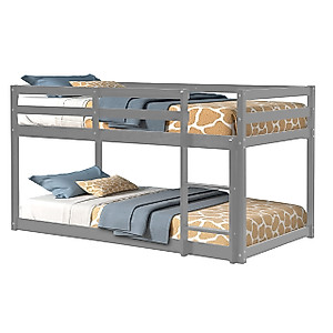 Bunk Beds Twin Over Twin, Wood Kids Low Bunk Bed with Guard Rails, Ladder for Young Children Boys Girls Dormitory Bedroom, No Box Spring Needed (Grey)