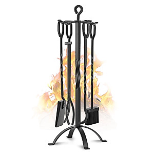 Gtongoko Fireplace Tools Set 5 Pieces 32 Inch Modern Black Wrought Iron Large Fire Tool Set for Outdoor/Indoor Include Chimney Poker, Tongs, Shovel, Brush and Stand Accessories Set