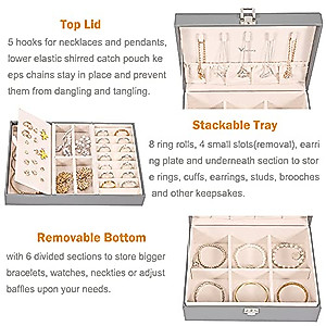Voova Jewelry Box Organizer for Women Girls, 2 Layer Large Men Jewelry Storage Case, PU Leather Display Jewellery Holder with Removable Tray for Necklace Earrings Rings Bracelets, Vintage Gift,Grey