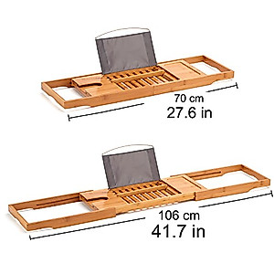 HANKEY Bamboo Bathtub Caddy Tray (Extendable) Luxury Spa Organizer with Folding Sides | Natural, Ecofriendly Wood | Integrated Tablet, Smartphone, Wine, Book Holders