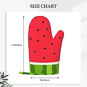 1 Pair Thickened Cartoon Watermelon Kitchen Silicone Oven Mitts, Summer Fruit Waterproof Polyester Pot Holder Gloves for Grilling Microwave