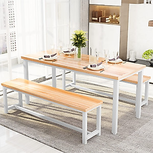 Recaceik 47” Dining Table Set with Benches, 3 Pieces Dining Room Table Set for 4, Wood Kitchen Table and Chair Set, Space Saving Dinette Set for Breakfast Nook, Dining Room, Beige