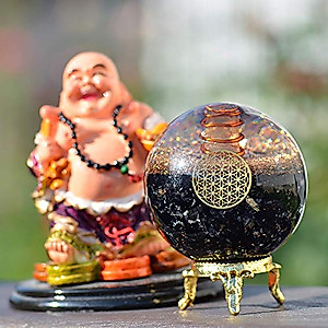 Orgonite Crystal Black Tourmaline Crystal Ball with Stand for Energy Purification and E-Energy Protection – Channels Positive Vibrations for Healing Connection between Body, Mind and Spirit