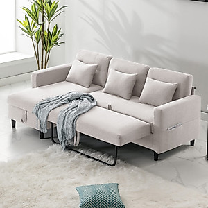 ZAFLY Folding Sofa Bed, Convertible Sectional Sleeper Sofa with Storage Chaise, 91 Inch Pull Out Couch, L-Shape Sofa Couch, Linen Upholstered 2 in 1 Sofa Bed for Living Room Office Apartment - Beige