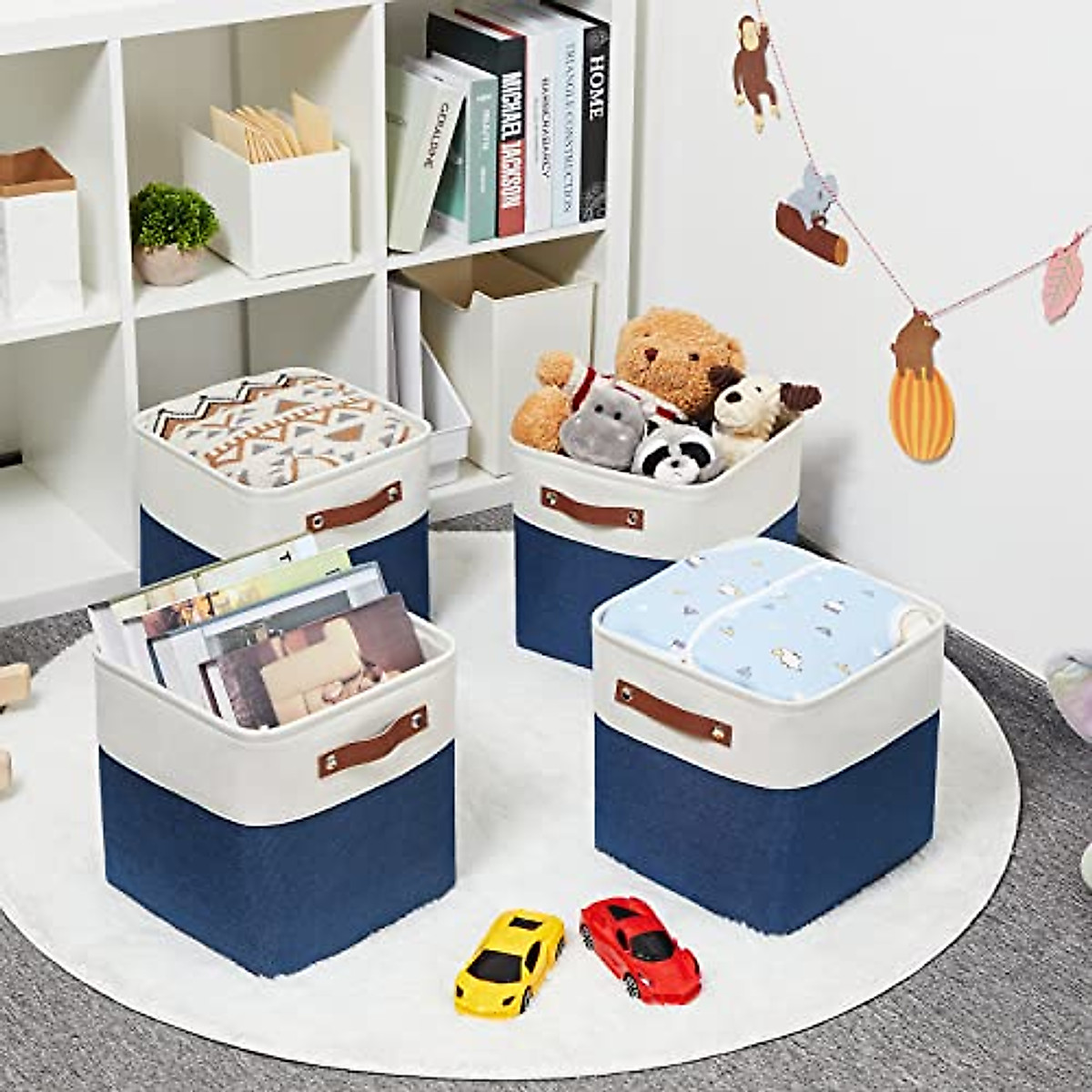 HNZIGE Fabric Cube Storage Bins Basket for Shelves Set of 4, Fabric Storage Cubes Baskets Closet Storage Bins for Cube with Handles, Cubby Storage Bins for Organizing Home Office (White Blue)