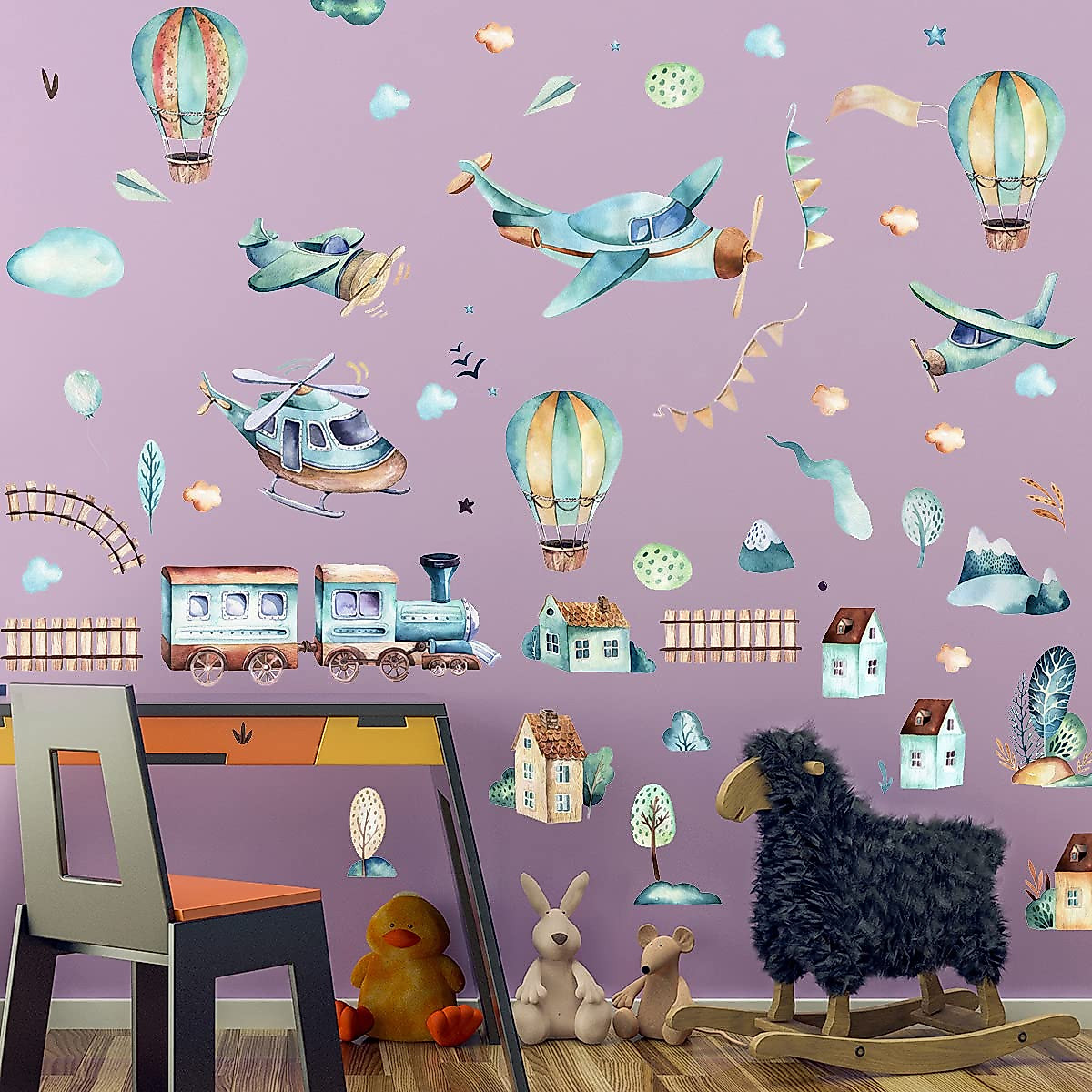 RW-KSY2 Green Airplane Hot Air Balloons Wall Decals House Tree Train Road Wall Stickers DIY Removable Countryside View Mountain Stars Cloud Decor for Kids Teens Bedroom Living Room Nursery Decoration