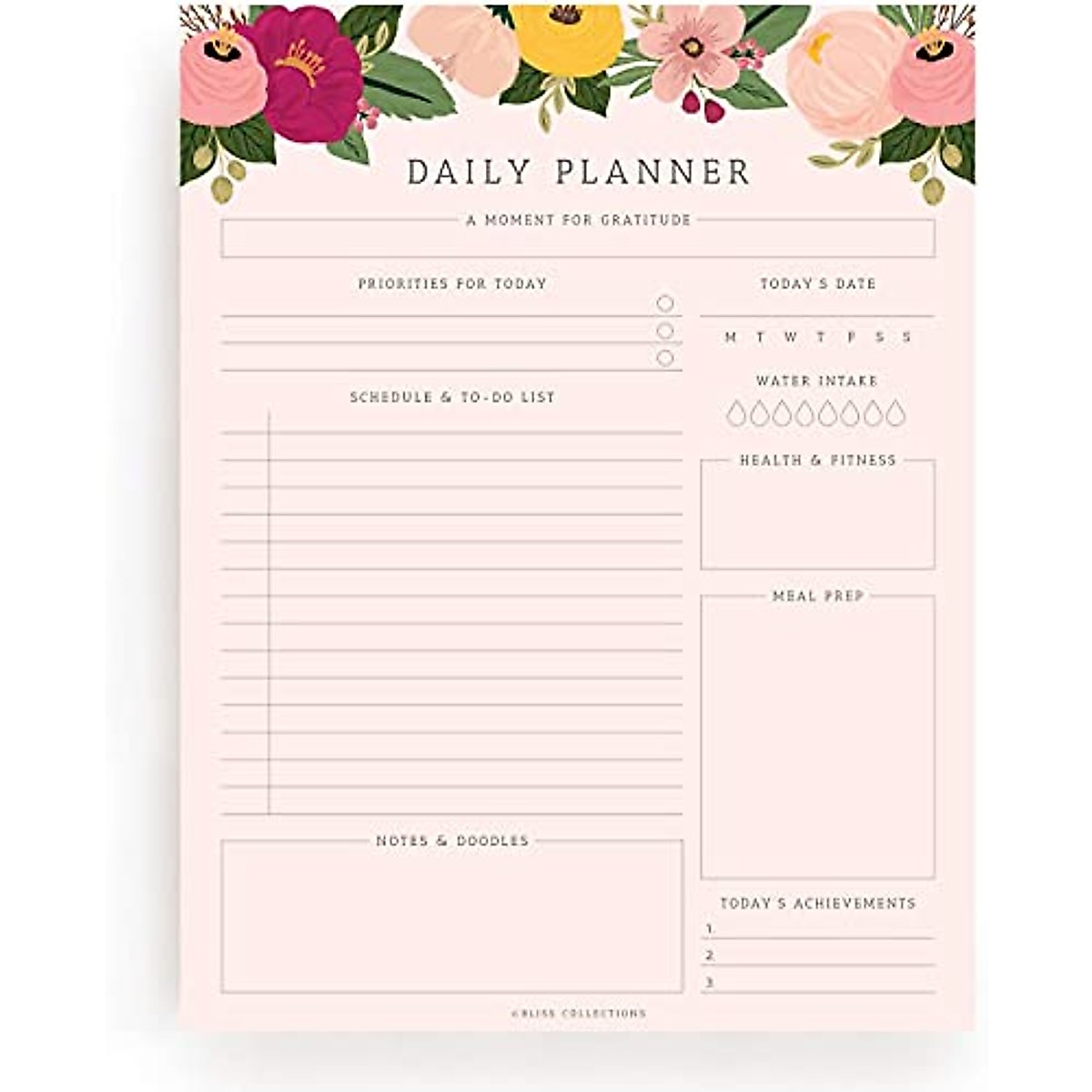 Bliss Collections Daily Planner, Blush Floral, Calendar, Organizer, Scheduler, Productivity Tracker, Meal Prep, Organize Tasks, Goals, Notes, To-Do Lists, 8.5"x11" Undated Tear-Off Sheets (50 Sheets)