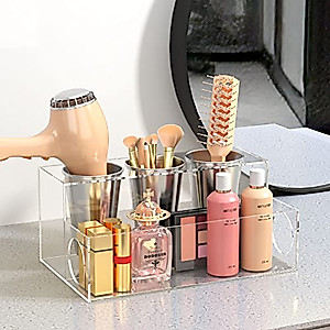 HIIMIEI Hair Tools Organizer Clear Acrylic Hair Dryer Holder Countertop Blow Dryer Stand Storage for Vanity Bathroom with 3 Cups