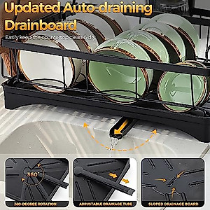 Dish Drying Rack, 2 Tier Dish Racks for Kitchen Counter, Dish Drainer Dish Rack with Pots & Pans Holder, Large Dish Drying Rack with Drainboard Utensil Holder Cup Holder Cutting Board Holder - Black
