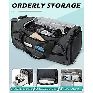 Gym Bag for Men Women, Sports Travel Duffel Bag with Shoes Compartment & Wet Pocket, Waterproof Gym Duffle Bag Weekender Overnight Bag for Travel Fitness Workout Swim Yoga, Light Black