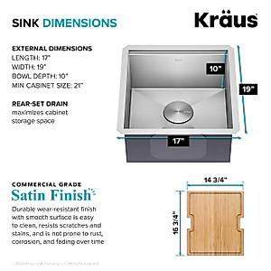 KRAUS Kore 17-Inch Undermount Workstation 16 Gauge Single Bowl Stainless Steel Bar Kitchen Sink with Accessories, KWU111-17