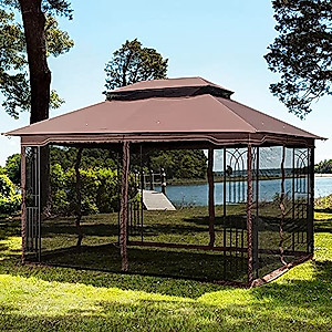 13' x 10' Gazebo for Patio with Mosquito Netting, Outdoor Canopy with Ventilated Double Roof and Corner Shelves, Pergolas for Shade and Rain with Metal Frame, Perfect for Backyard and Deck, Brown Top
