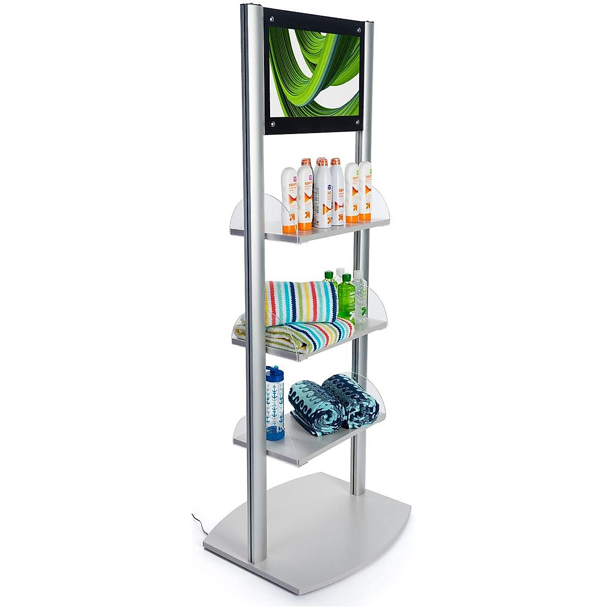 Displays2go 73.25”h Aluminum Tiered Digital Display with 3 Adjustable Shelves and 21.5” LCD Screen – Silver (DRS21SV)