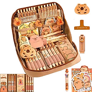 Etdhtia Cute Capybara Pencil Case with 10 Compartments 90° Wide Opening Mouth Pencil Pouch with Kawaii Pins Plush Cute Stationery, Kawaii Pencil Case