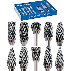 Sworker Carbide Burr Set Compatible with Dremel 1/8" Shank 10PCS Die Grinder Rotary Tool Rasp Bits Accessories Attachments Metal Wood Stone Plastic Carving Cutting Cleaning Grinding Engraving