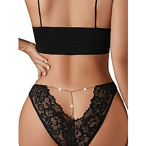 SweatyRocks Women's Lingerie Floral Lace Sheer Mesh Cut Out Thong Panties Underwear Chain Black L