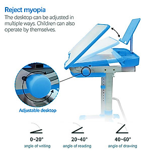 Yinleader Kids Desk and Chair Set,Height Adjustable,Spacious Storage Drawer,with Adjustable Tilted Desktop, Bookstand, Touch Led Lamp for School Student (Blue Set)