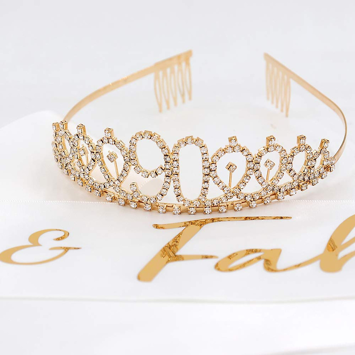"90 and Fabulous" Sash & Rhinestone Tiara Set - 90th Birthday Gifts Birthday Sash for Women Birthday Party Supplies (White/Gold)