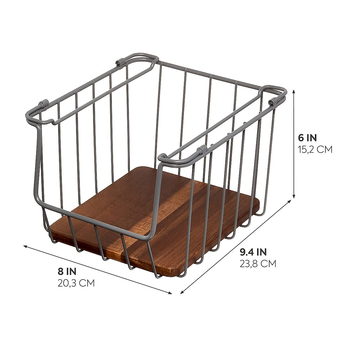 The Ría Safford Collection by iDesign Open Front Wire Basket with Acacia Wood, 10" x 8" x 6", Charcoal