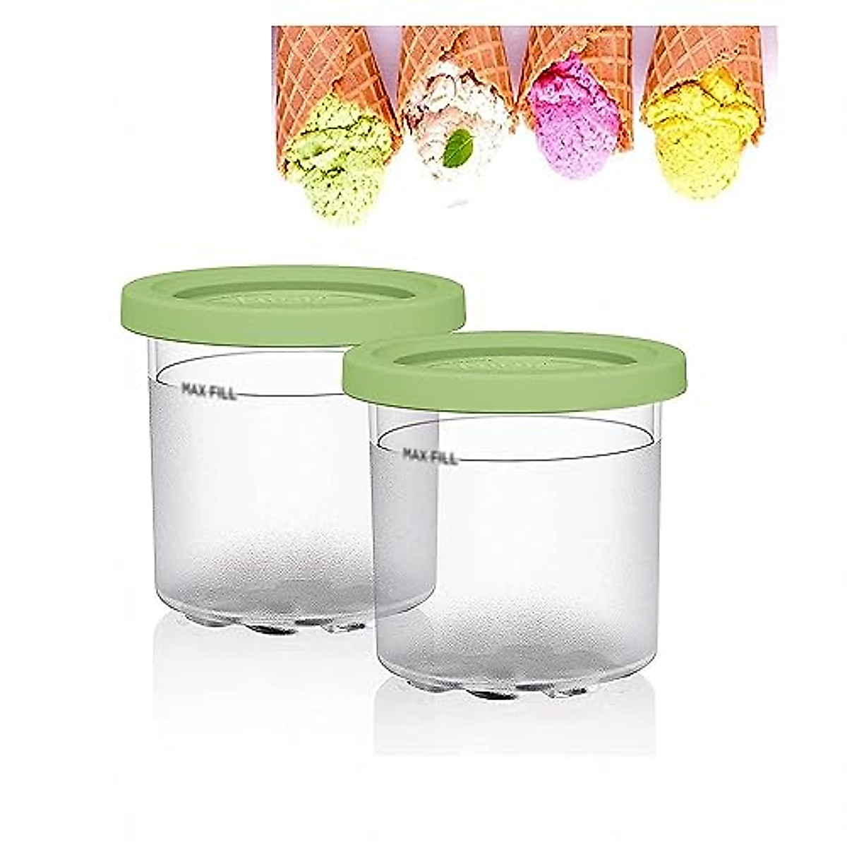 EVANEM 2/4/6PCS Creami Containers, for Ninja Cremini Extra Pints,16 OZ Creami Deluxe Pints Reusable,Leaf-Proof Compatible NC301 NC300 NC299AMZ Series Ice Cream Maker,Green-2PCS