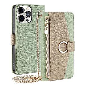 Arseaiy Wallet Case for VIVO V20 SE/Y70 2020 Flip Phone Case Cover with Crossbody Strap Magnetic Zipper Pocket Makeup Mirror PU Leather Shockproof with Kickstand Shell Green