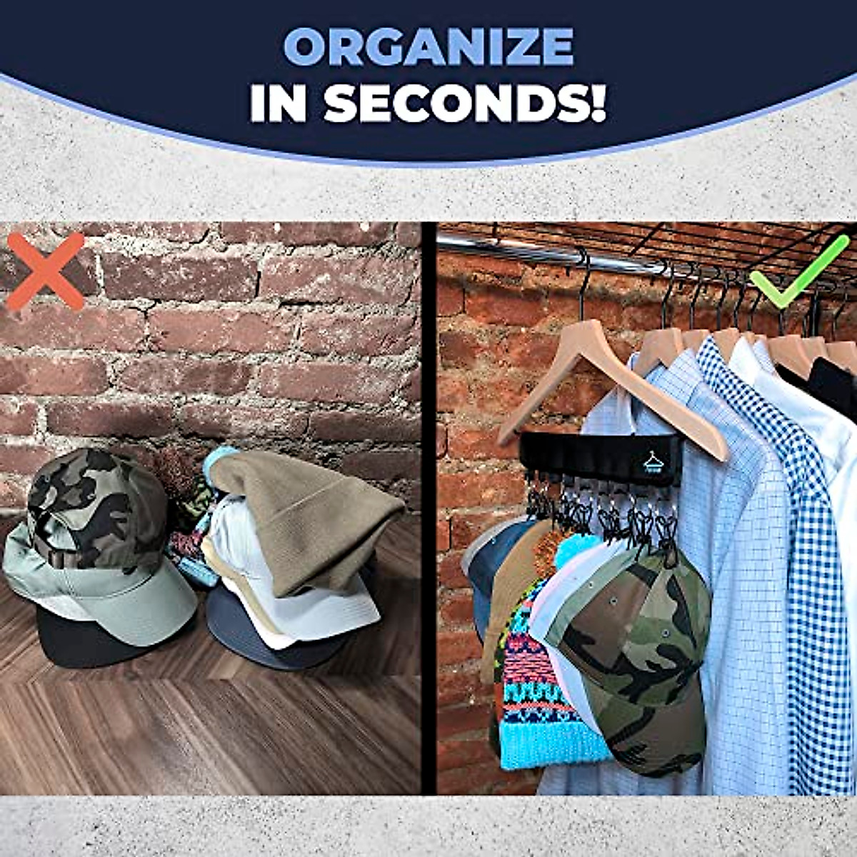 PackHatUSA The Original American Patented 18 Hat Organizer and Hat Rack for Your Closet - Transform Clothing Hangers into Hat Racks for Baseball Caps - Make Hat Storage Easy - Universal Fit Hat Holder