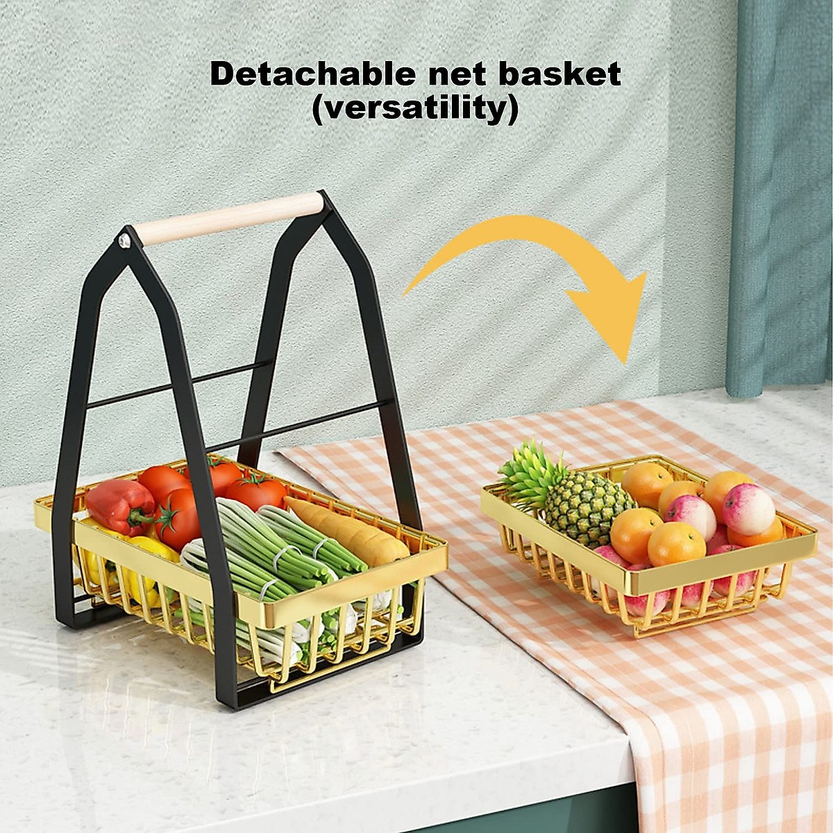 ZUOVAOV 2 Tier Countertop Fruit Basket, Removable Metal Rectangular Wire Basket, Black Vegetable Bread Basket Storage Rack, Kitchen Table Top Fruit Bowl (Black)
