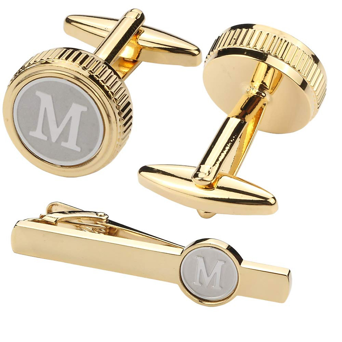GWD Mens Cufflinks Tie clips set Set Shirt Classic Initials Alphabet A-Z Gift Box ((Cufflinks Tie Clip Set) M)