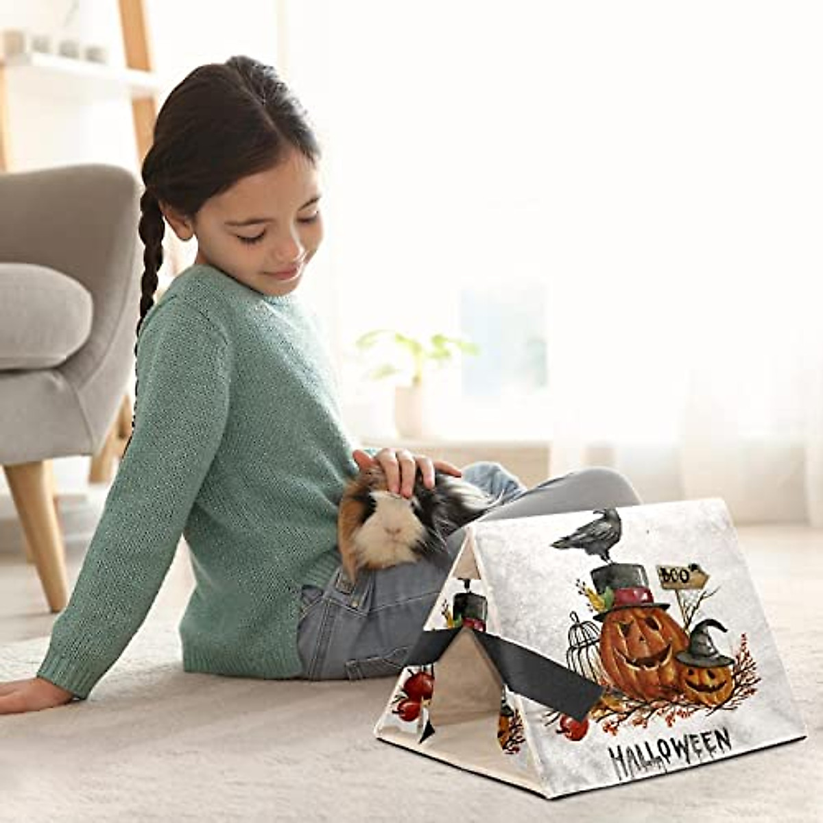 RATGDN Small Pet Hideout Halloween Pumpkin Head and Crows Hamster House Guinea Pig Playhouse for Dwarf Rabbits Hedgehogs Chinchillas