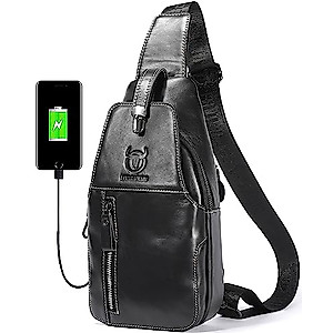 BULLCAPTAIN Genuine Leather Sling Bag Mens Crossbody Backpack for Hiking Casual Daypack Shoulder Chest Bag with USB Charging Port (Black)