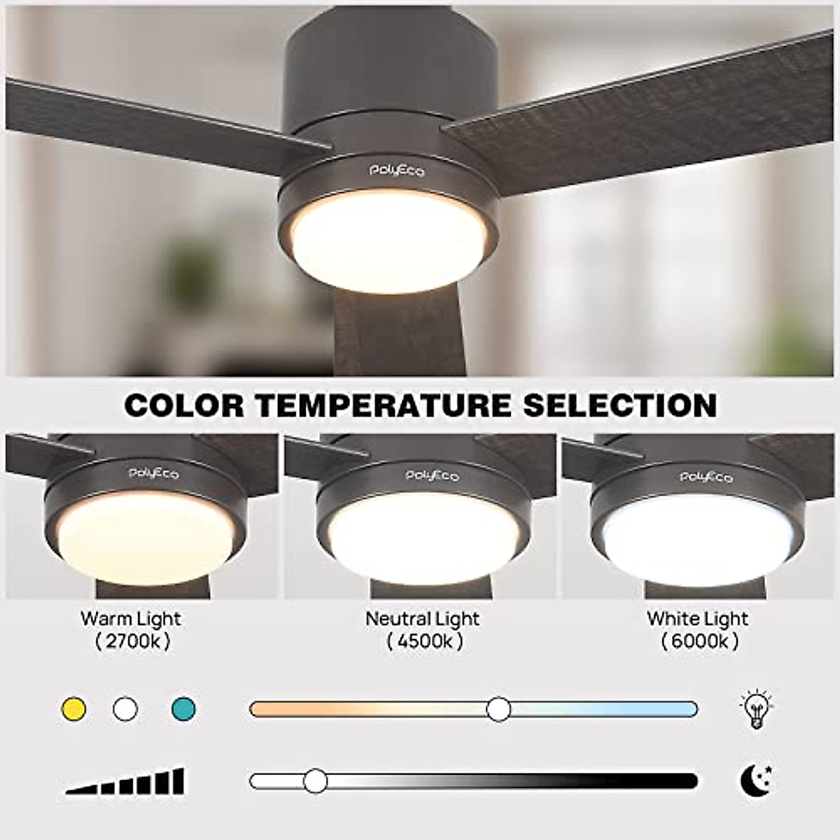 POLYECO Modern Ceiling Fans with Light, 6-Speed LED Ceiling Fan with Reversible DC Motor, Remote Control & Timing Function for Living Room Dining Room Bedroom(Matte Silver)