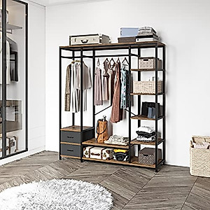BNSPLY Heavy Duty Clothes Rack with 6 Tier Shelves, Free Standing Garment Rack Clothing Rack with Hanging Rod and 2 Drawers for Hanging Clothes, Industrial Metal Wardrobe Closet Organizer for Bedroom