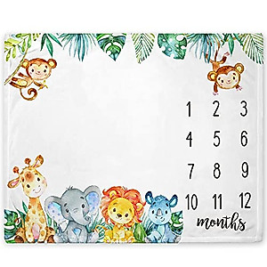 Safari Jungle Baby Monthly Milestone Blanket, Jungle Animals Milestone Blanket for New Mom, Giraffe Elephant Baby Growth Chart Monthly Blanket, Includes Marker (Blue, 50"x40")