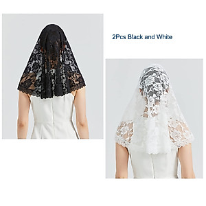 Grettytling Lace Mantilla Veil Soft and comfortable 7 Colors Spanish Style Rose Lace Veil Head Covering D Shape ， 2pcs Black&white