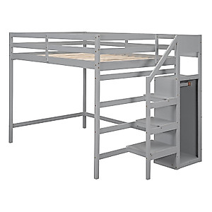 Bellemave Full Loft Bed with Stairs Wooden Loft Bed Frame with Storage Bookcase and Wardrobe Gray Loft Beds for Kids Boys Girls Teens Dorm Bedroom, Full Size