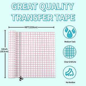 40FT Transfer Tape for Vinyl - Clear Vinyl Transfer Paper Tape Roll, 12” x 40 FT with 1/2 Red Grid Standard Tape for Cricut Adhesive Vinyl for Craft Decal, Mug Decal