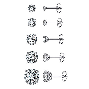 Jovivi 20G Hypoallergenic Stainless Steel Cubic Zirconia Silver Stud Earrings Set for Women, 5 Paris, 3MM-8MM