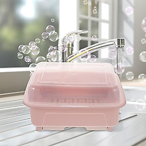 BESTonZON Plate Rack Dish Drying Rack with Lid Plate Cup Drying Rack Tray Bottle Holder Cutlery Dish Drainer Board Kitchen Utensil Holder for Kitchen Countertop Pink Dish Racks