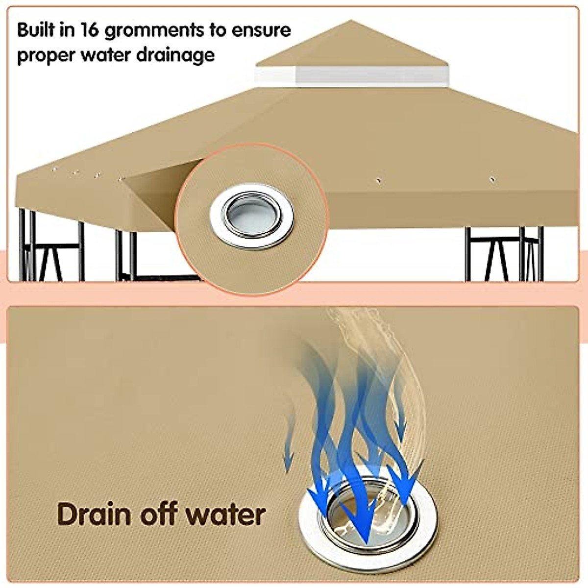 Rutile 10' X 10' Gazebo Canopy Replacement, 2 Tier Patio Cover Canopy Top- Dual Tier Gazebos Pavilion Cover-Khaki