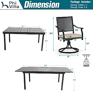 PHI VILLA Outdoor Patio Dining Table and Chairs Set of 7 Pieces Patio Furniture Set Metal Extendable Table and 6 Black Swivel Dining Chairs with Cushion for Bistro Backyard Garden
