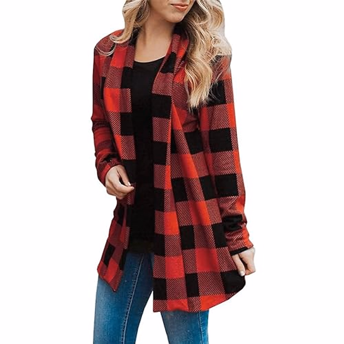 BAXLIMEK Cardigan For Women,2023 Fall Fashion Clothes Trendy Plaid Print Long Sleeve Shirts Outerwear,Dressy Casual Loose Open Front Lightweight Coats Plus Size Going Out Tops(B-Red,L)