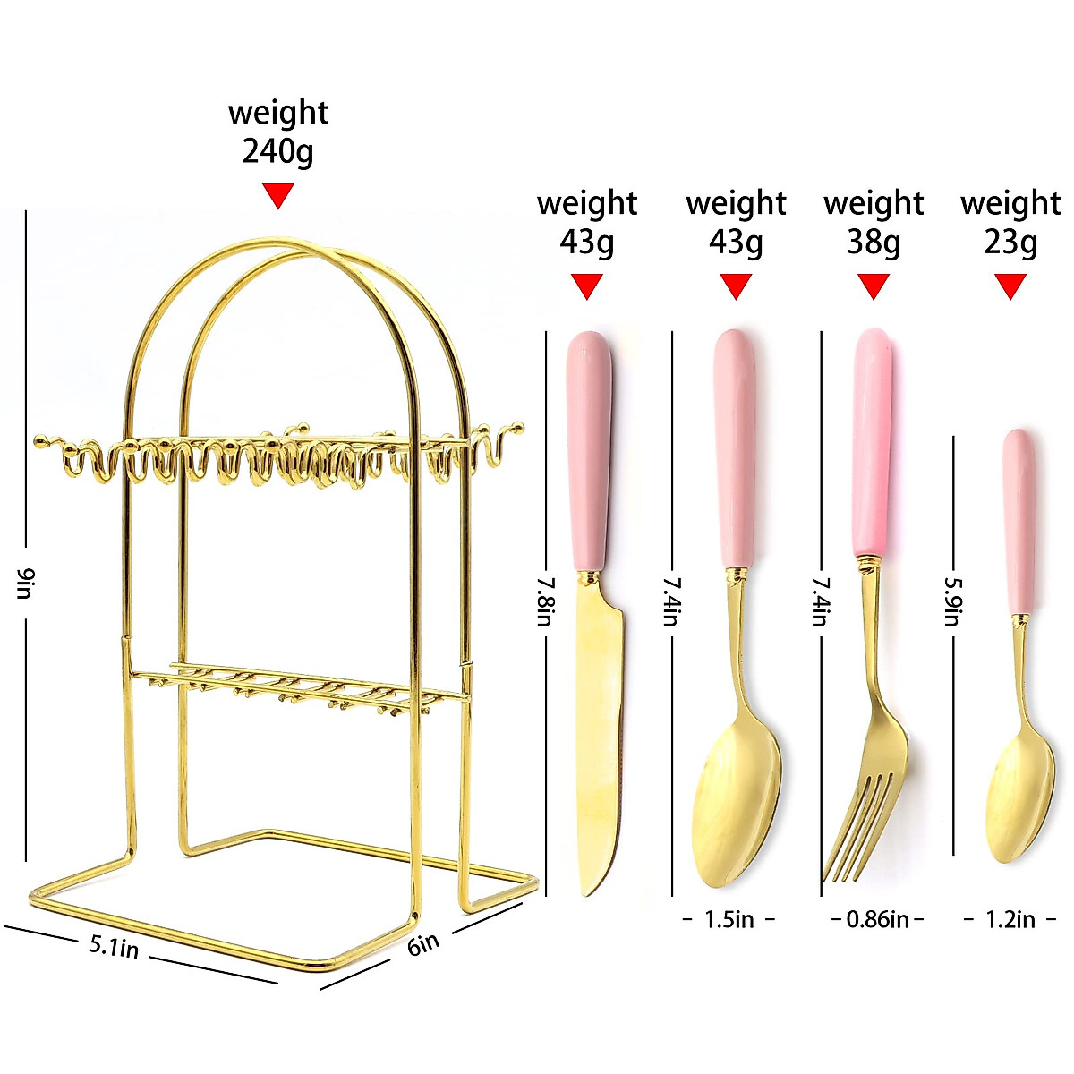 Gold Silverware Set, Caliamary 24 Pieces Flatware Set with Silverware Holder, Stainless Steel Knives and Forks and Spoons Cutlery Set Service for 6, Kitchen Utensil Tableware Set with Pink Handle
