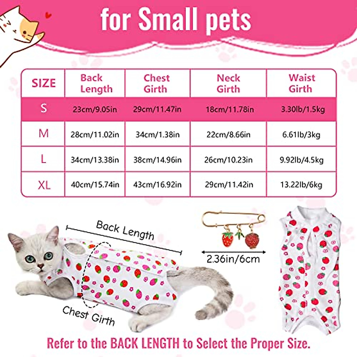 URROMA 1 Piece Cat Strawberry Recovery Suit, E-Collar Alternative for Cats Dogs After Surgery Wear Pajama Suit Home Cat Wound Surgery Recovery Suit, S