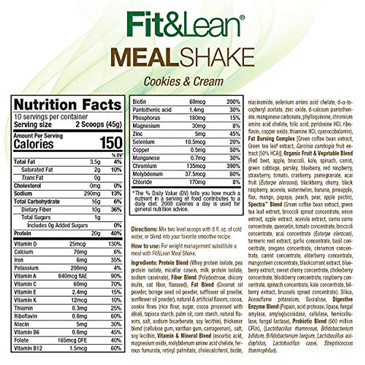 Fit & Lean Meal Shake Meal Replacement with Protein, Fiber, Probiotics and Organic Fruits & Vegetables, Cookies and Cream, 1lb, 10 Servings Per Container