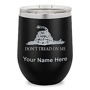 LaserGram Double Wall Stainless Steel Wine Glass Tumbler, Gadsden Flag, Personalized Engraving Included (Black)