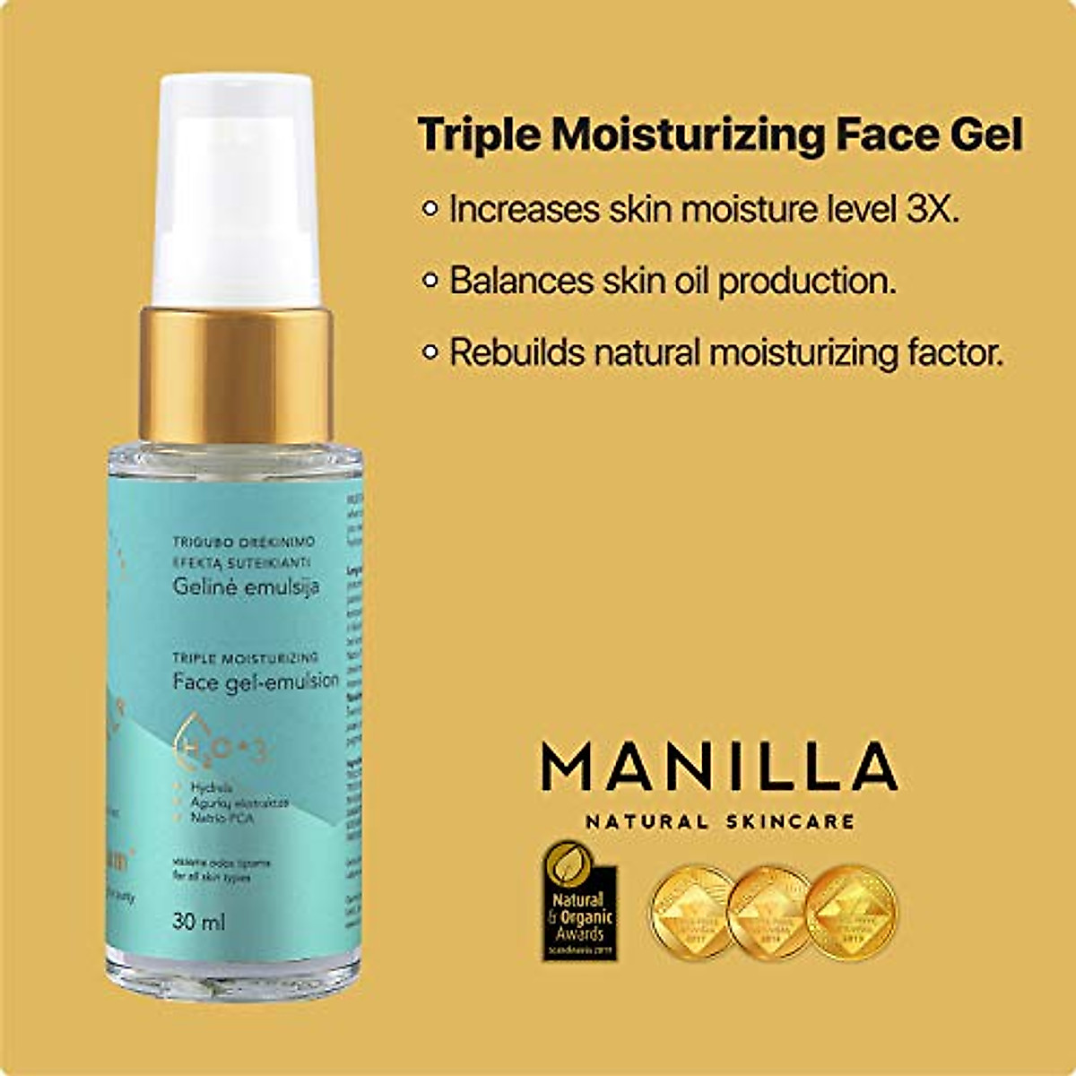 Manilla Triple Facial Moisturizing Lotion with Hydreïs, Cucumber Extract and PCA Sodium for All Skin Types, 1 Fl Oz I Emulsion Moisturizer, Face Hydrating Moisturizer, Suitable for Vegans