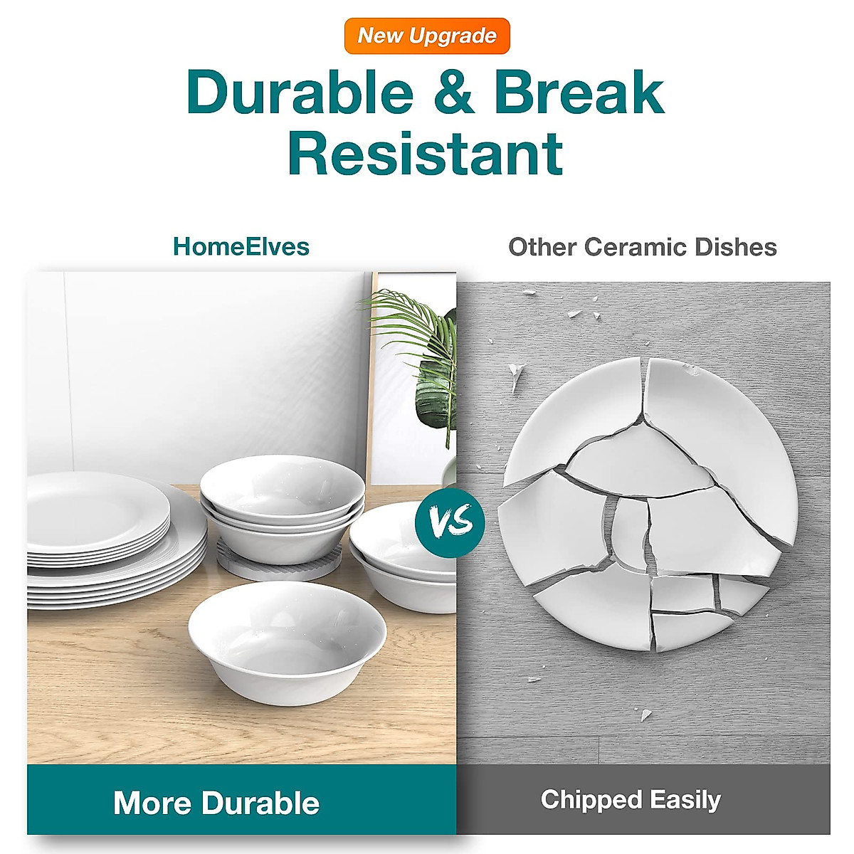 Dinnerware Set, HomeElves 18-PCS Kitchen Opal Dishes Set Service for 6, Lightweight Glass Plates and Bowls Set, Safety for Microwave & Dishwasher, Break and Chip Resistant