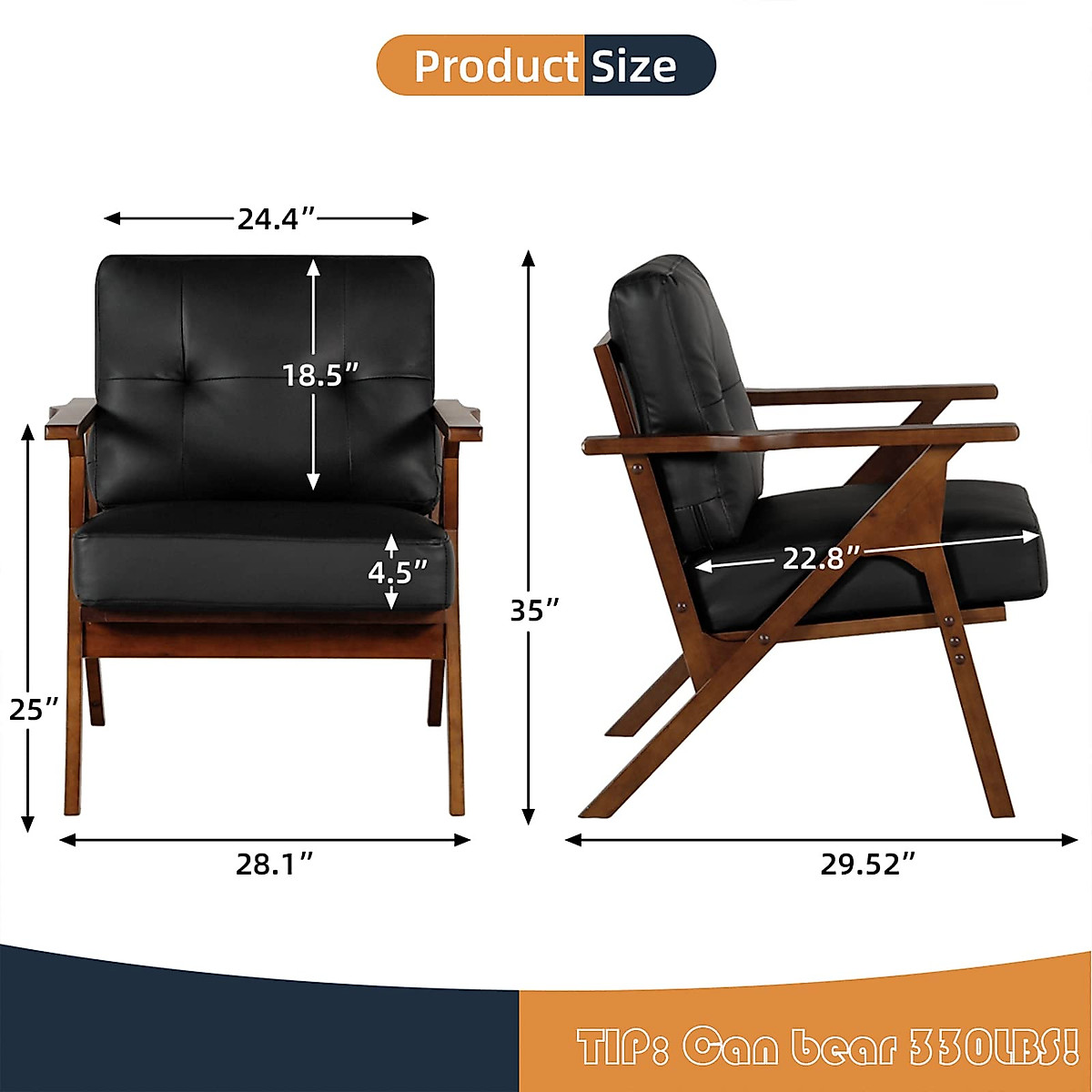 AODAILIHB Mid Century Modern Accent Chair, Retro Wood and Leather Armchairs, Vintage Reading Side Chair Comfy Accent Sofa for Living Room, Bedroom, Studio, Office (1, Black)